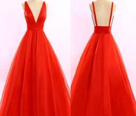 A Line V-neckline Red Prom Dress,Sexy Open Back Red Party Dress on Luulla