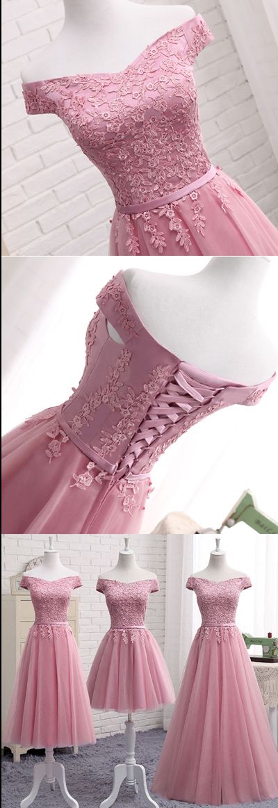 Gorgeous Pink A Line Lace Off Shoulder Prom Dress, Evening Dresses , A ...