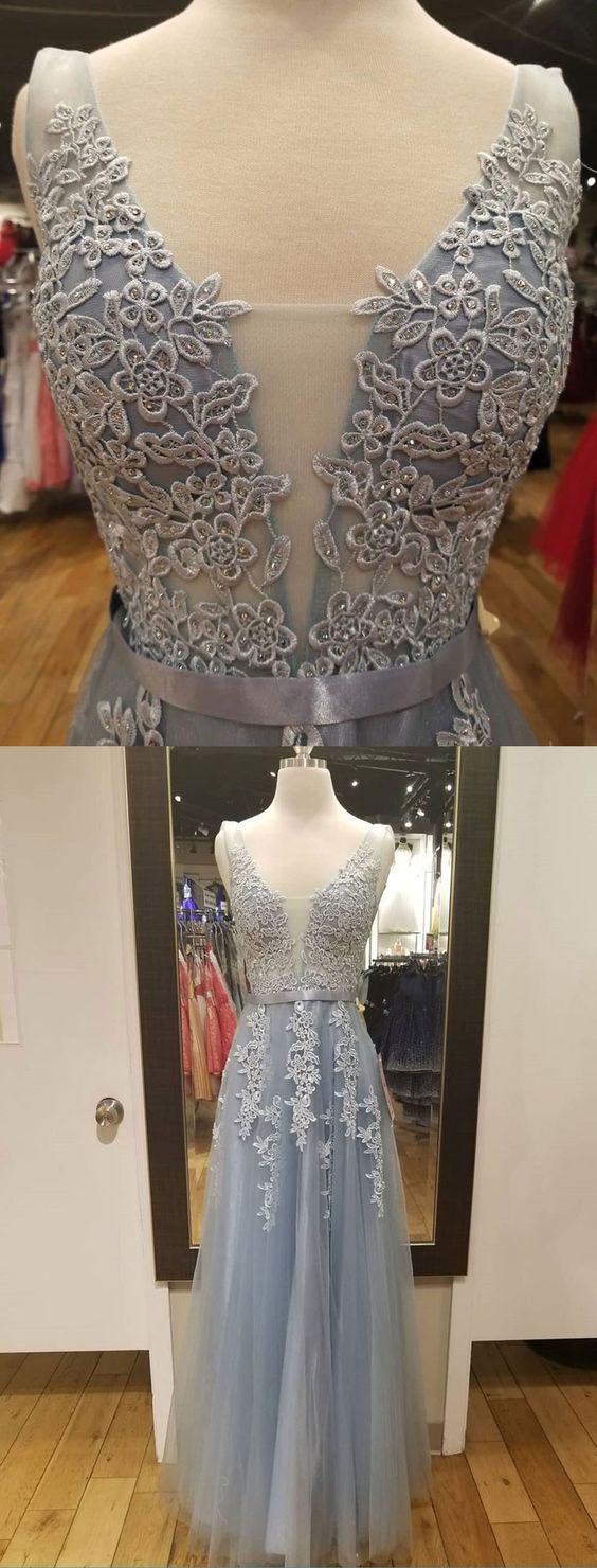 Blue Gray Tulle Long V Neck Prom Dress, Lace Applique Prom Dress ,party ...