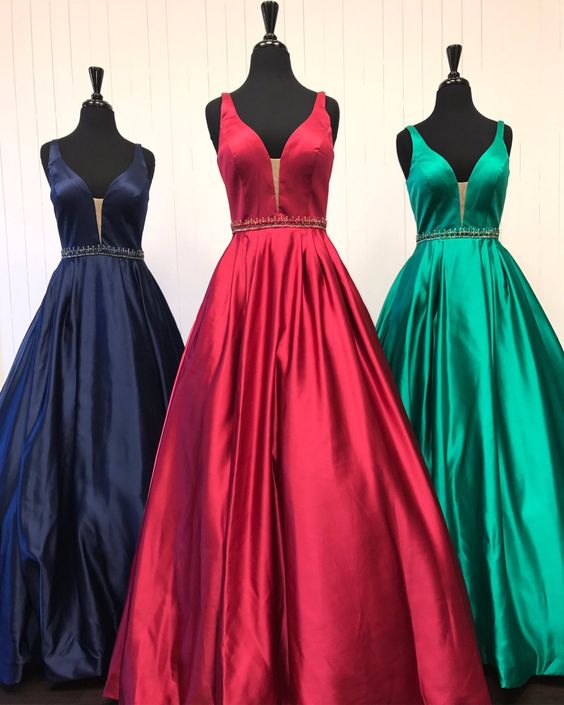 Elegant Floor Length Deep V Neck Prom Dresses,party Dress With Beaded ...