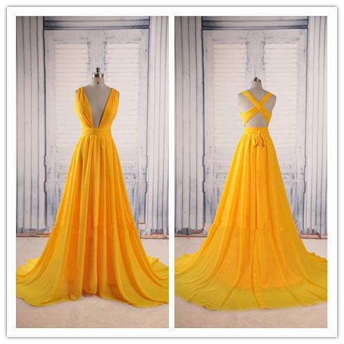 Yellow A Line Party Dress V Neck Criss Cross Back Chiffon Long Prom ...