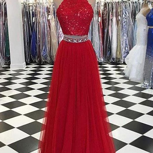 Sexy Two Piece Red Long Prom Dresses,evening Dress With Lace Appliques ...