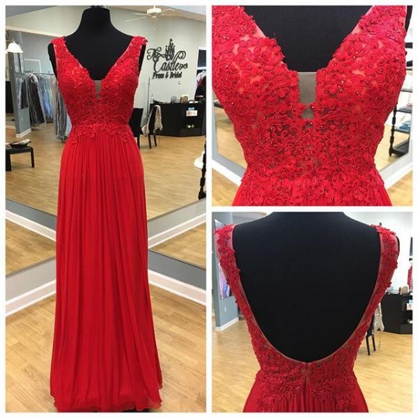 A Line Red Lace Prom Dress,sexy Open Back Prom Gown,a Line V-neckline Red Lace Evening Dress on ...