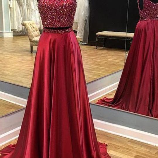 Dark Red Halter Evening Dress Open Back Beaded Long Prom Dresses on Luulla