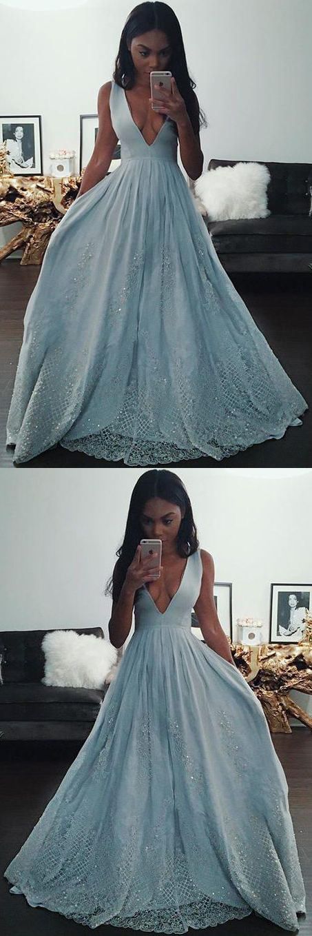 Fashion Light Blue A-line V Neck Long Prom Dresses With Lace Appliques ...
