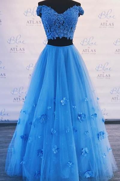 Two Piece Prom Dress Blue Prom Dress Off-the-shoulder Party Dress A ...